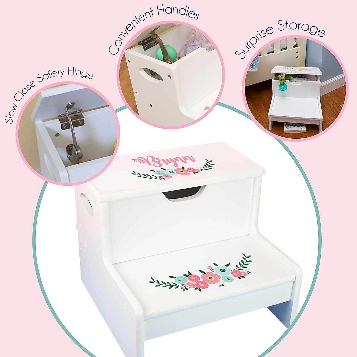 Personalized White Step Stool and Storage with Lavender Butterflies Design