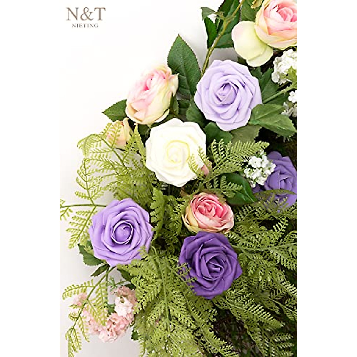 N&T NIETING Purple Roses Artificial Flowers 25Pcs Fake Flowers Foam Roses with Stems for DIY Wedding Bridesmaid Bridal Bouquets Centerpieces Party Home Decoration Baby Shower, Series Purple
