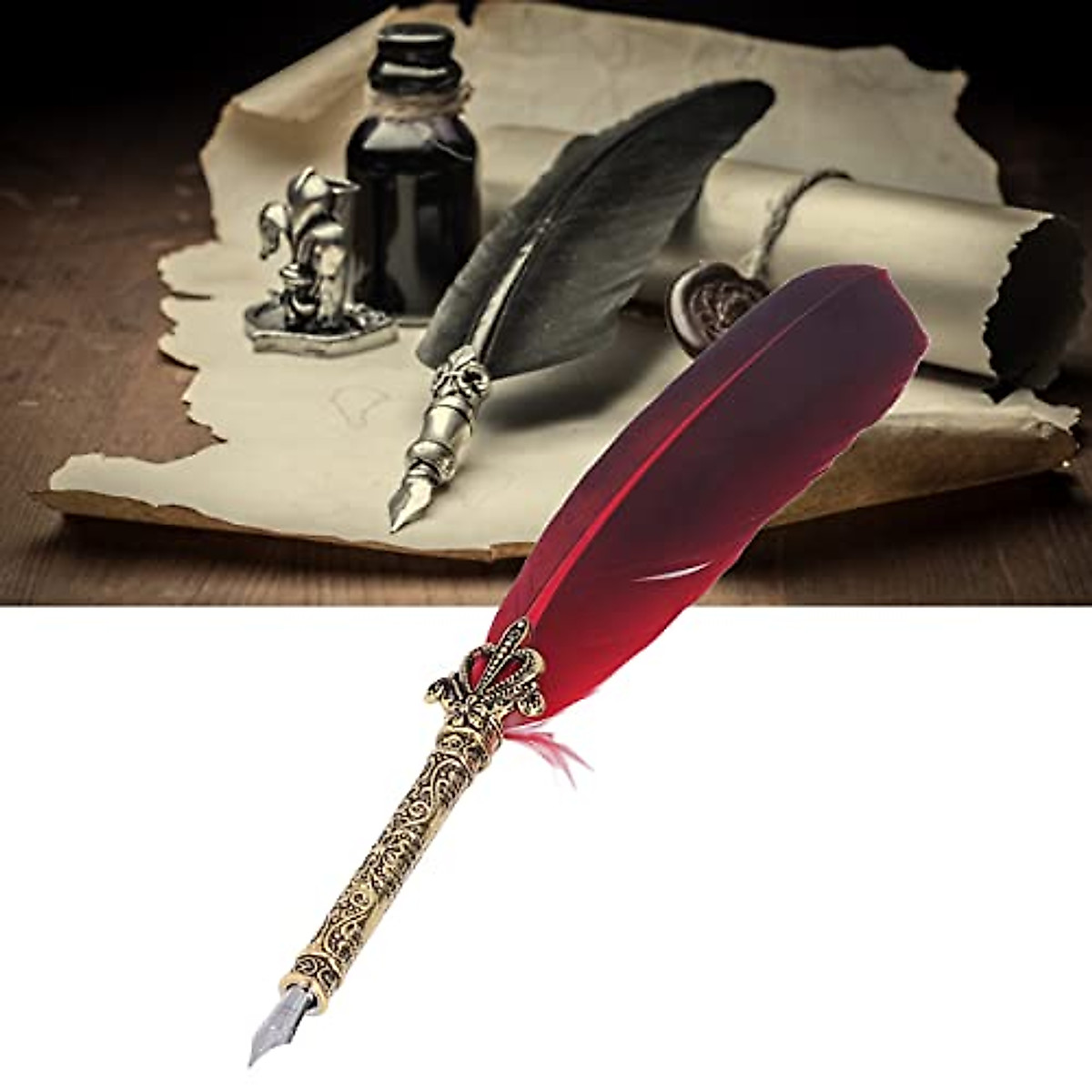 Pssopp Retro Style Quill Pen Set,Antique Calligraphy Dip Pen with Black Ink High Smoothness Elegant Colors European Retro Style Feather Pen Friends Teachers Red