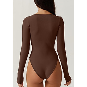 QINSEN Woman's Thick Long Sleeve Slimming Fit One Piece Bodysuit for Fall Winter Brown M