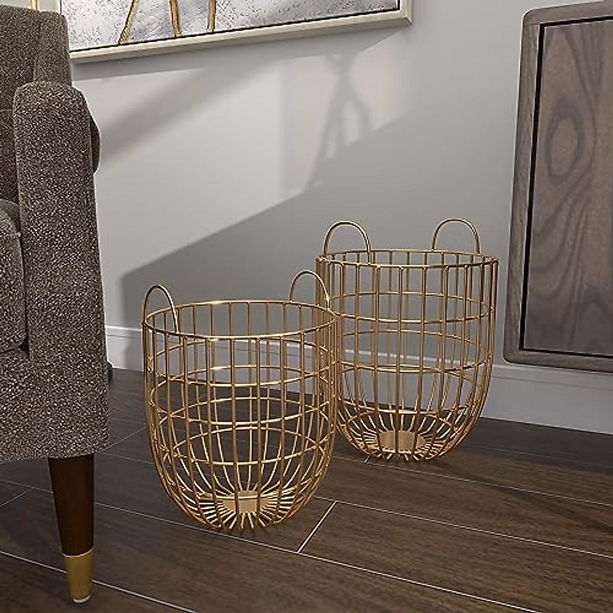 Deco 79 Contemporary Metal Round Storage Basket, Set of 2 13", 11"W, Gold