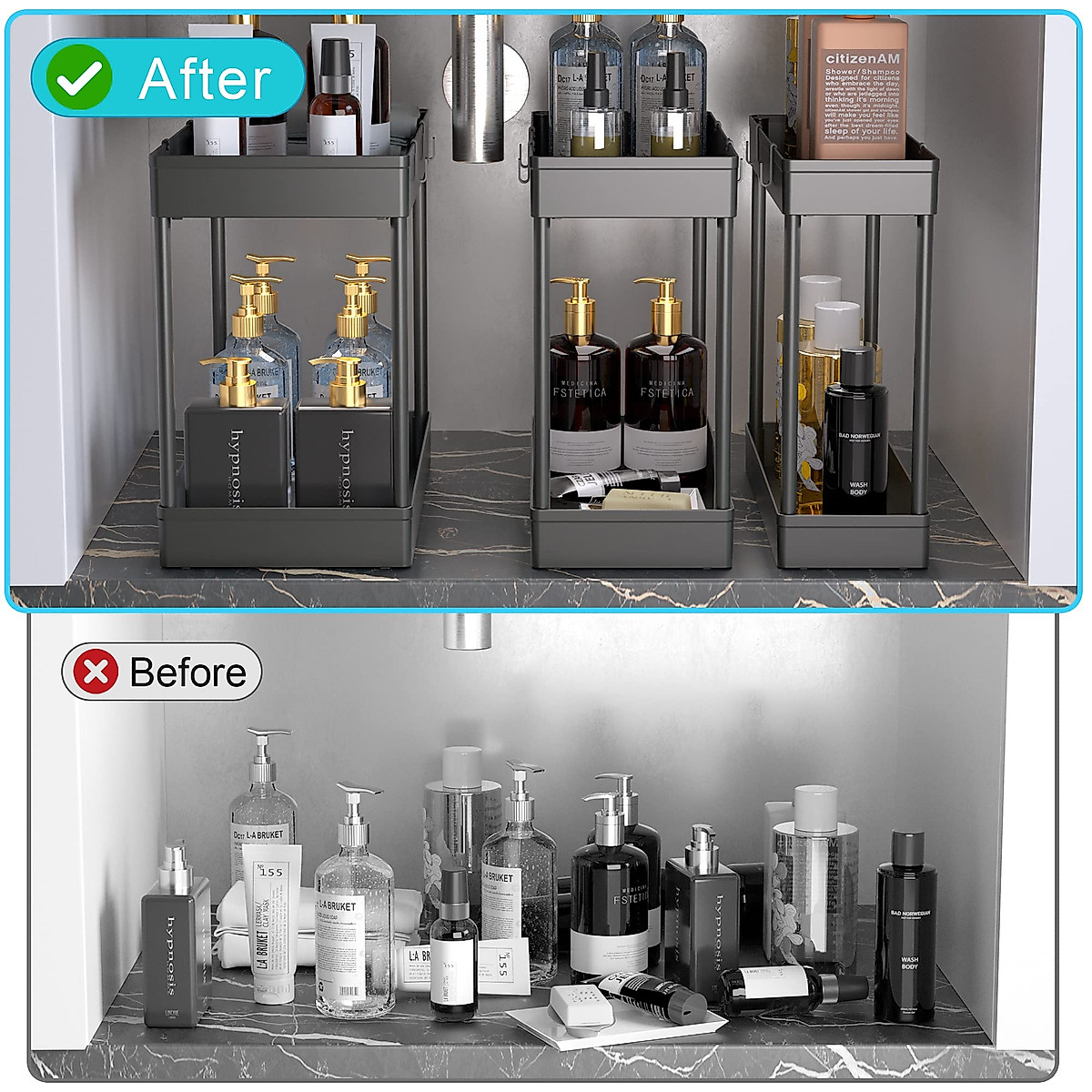 JuJeKwk Bathroom Organizer Under Sink 3 Pack, 2 Tier Bathroom Cabinet Organizer, Large capacity Under Sink Organizer, Bathroom Counter Organizer with 12 Hooks