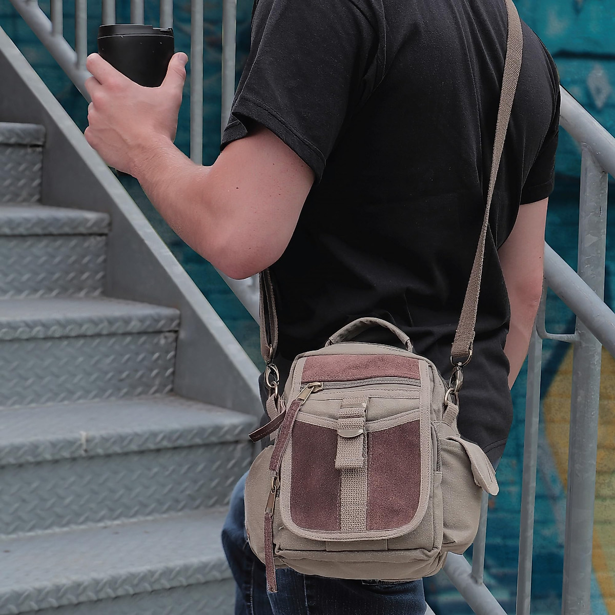 Rothco Canvas & Leather Travel Shoulder Bag, Unisex Crossbody Shoulder Bag, Brown, 8.25" X 6" X 7"