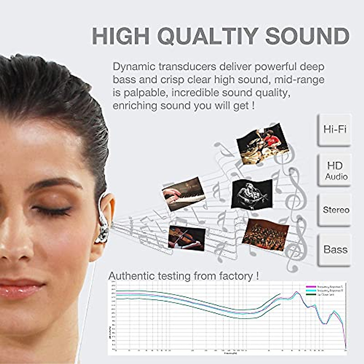 ROCUSO Noise-Isolating Musician's in Ear Monitor, Wired Over Ear Stereo Bass Headphones with Microphone, Waterproof Sport Earbuds for Running, Jogging, Gym, Clear