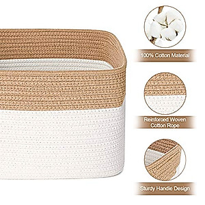 ANMINY Woven Cotton Rope Storage Baskets with Handles Large Washable Basket Decorative Storage Bins Boxes Nursery Baby Kid Toy Blanket Clothes Towel Laundry Organizer Containers - White/Brown