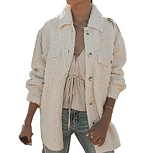 Janepam Women Polar Fleece Coat Sherpa Jacket Button-Down Flap Pocket Solid Color Warm Plain Shaggy Faux Lambswool Outerwear(A Off White,M)