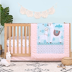 The Peanutshell Llama Love Crib Bedding Set for Baby Girls | 4 Piece Nursery Set | Baby Quilt, Crib Sheet, Dust Ruffle with Plush Llama Toy