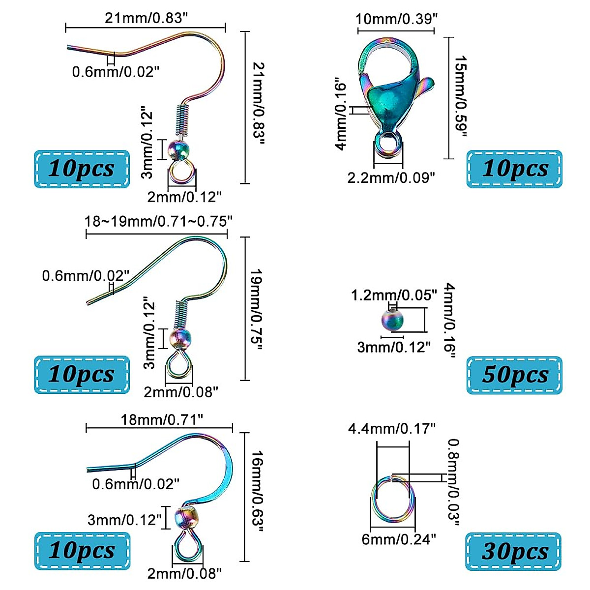 PH PandaHall 120pcs Rainbow Color Earring Making Kit 3 Sizes Fish Hook Ear Wire with Loop 304 Stainless Steel French Earring Hooks Lobster Claw Clasps Jump Rings Spacer Beads for Jewelry Making