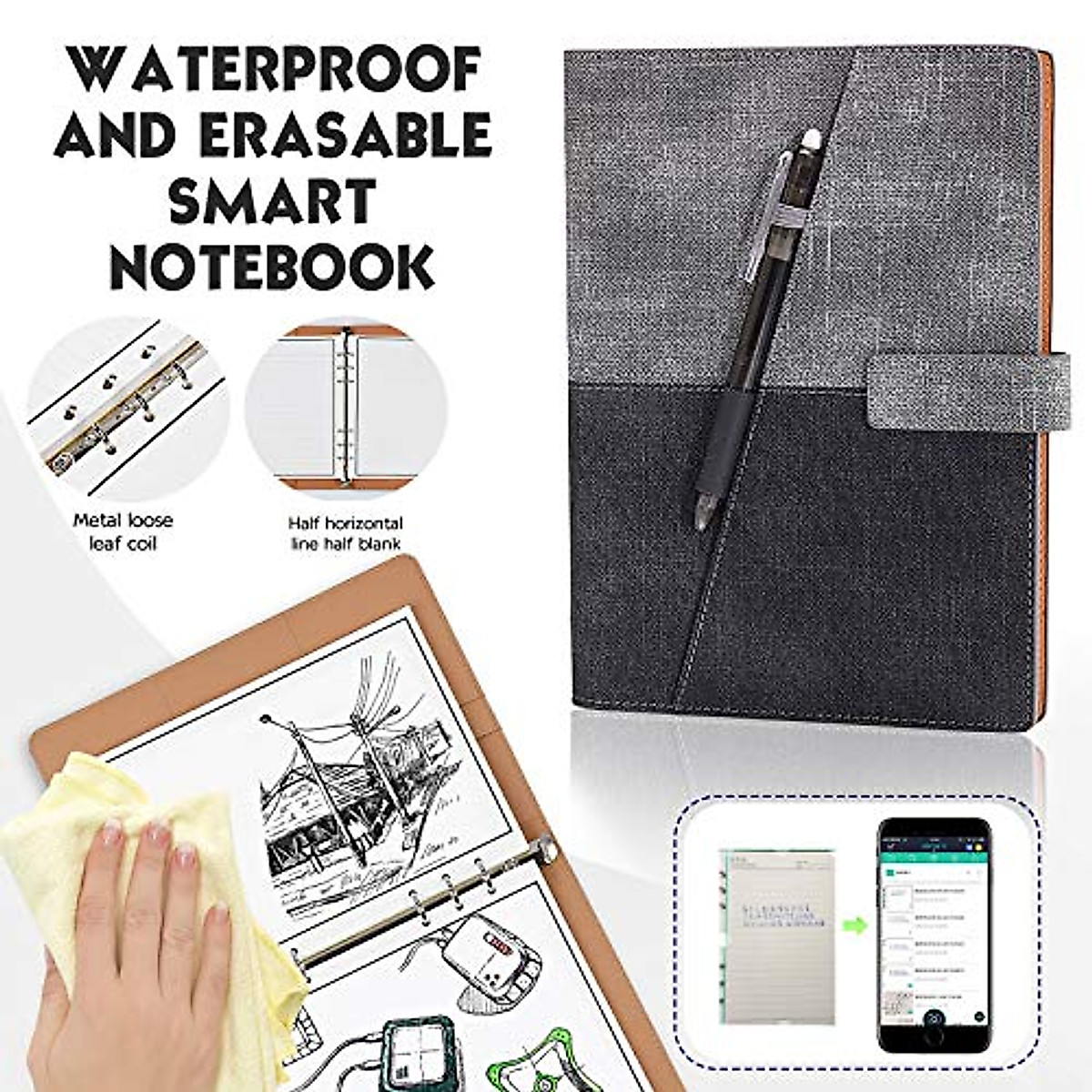 Smart Reusable Notebook with A Pen, A5 Waterproof Erasable Smart Notebook Repeating Loose Leaf Diary Stone Paper Business Notebook 10ml (BK)