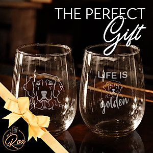 On The Rox Drinks Golden Retriever Gifts for Dog Lovers - Life Is Golden Stemless Wine Glass Set of 2- Cute Dog Face Glasses for Women - Funny Tumbler, Cup for Pet Lovers
