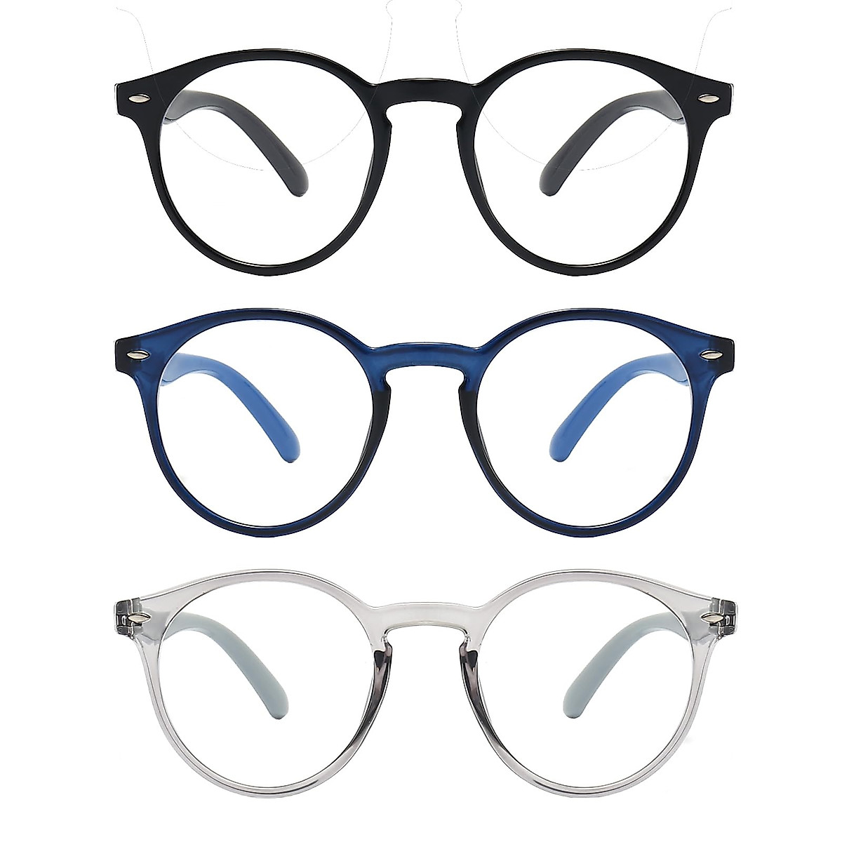 SANHOOPOLO Kids Blue Light Blocking Glasses 3 Pack Kids Computer Gaming Blue Blockers Glasses for Boys Girls Age 3-11 (Black + Dark blue + Light grey)