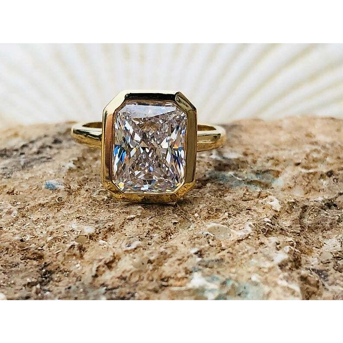 BeBold 2ct Engagement Ring for Women Radiant Cut Simulated Diamond CZ Bezel Set Solitaire Yellow Gold Plated