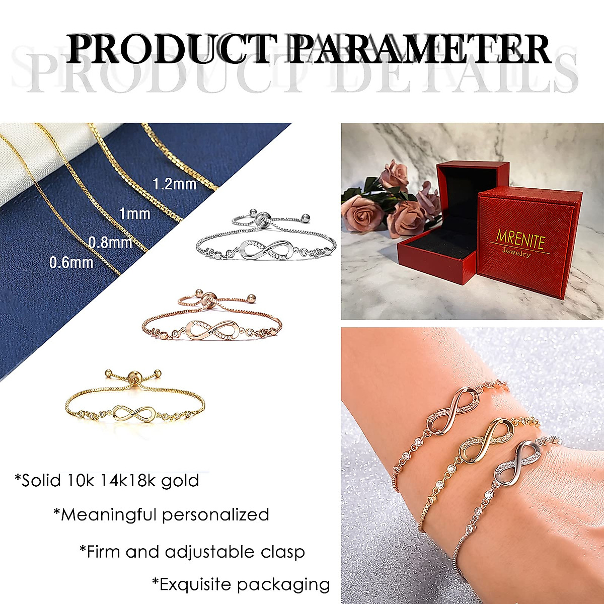 MRENITE 10k 14k 18k Solid Yellow Gold Personalized Name Bracelet – Dainty Name Plate Bracelet - Custom Any Name Gift for Women Adults Wife (Yellow Gold)