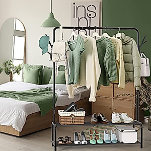 Simple Houseware Garment Rack with Storage Shelves and Coat/Hat Hanging Hooks