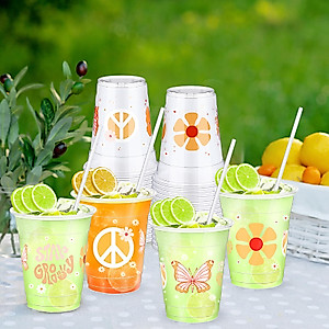 Sliner 50 Pcs Groovy Party Plastic Cups with Straws 12 oz Boho Retro Hippie Disposable Clear Cups Daisy Flower Cold Beverage Drinking Cups for Birthday Wedding Baby Shower Party Decoration Supplies