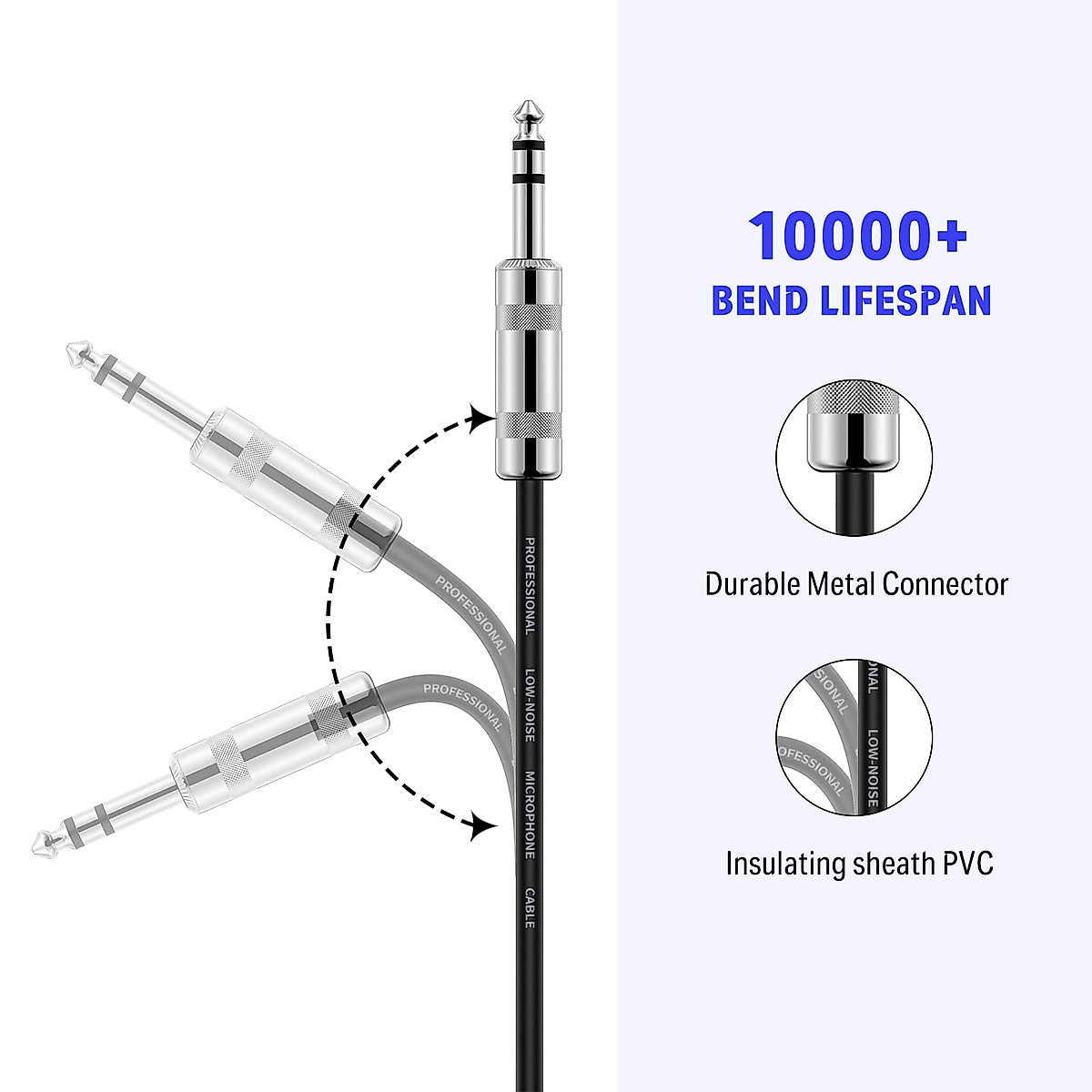 Donner 15 ft TRS Cable, Balanced Stereo Audio Patch Cable - Sturdy No Hum 1/4” Male Right Angle to 1/4” TRS Male Straight Cord, Black