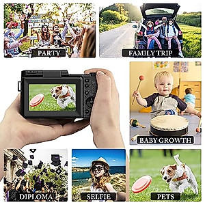4K Digital Camera for Photography, Autofocus 48MP Vlogging Camera for YouTube with 16X Digital Zoom Macro Camera, 3’’180°Flip Screen Compact Video Camera with Liftable Flash, SD Card&2 Batteries