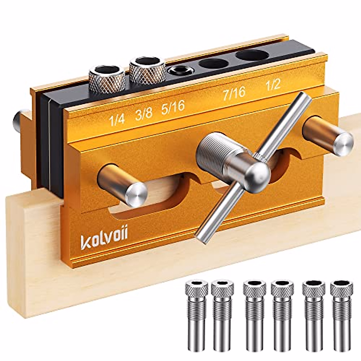 Self Centering Doweling Jig, Kolvoii Drill Jig Set for Straight Holes, Adjustable Width Woodworking Locator Joints Tools(Gold)