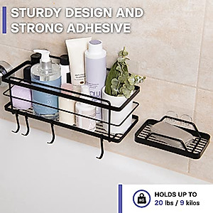 KINCMAX Shower Caddy Basket Shelf & Soap Dish Set (with Hooks)- Adhesive Drill-Free Bathroom Organizer - Shower Storage Shelves for Inside Shower w/Hooks for Accessories (Black)