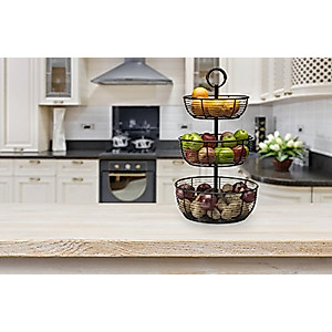 Gourmet Basics by Mikasa Round Wrap 3-Tier Metal Floor Standing Fruit/Home Storage Basket, Easy Assembly, Antique Black