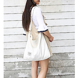 Covelin Women's Retro Large Size Canvas Shoulder Bag Hobo Crossbody Handbag Casual Tote White