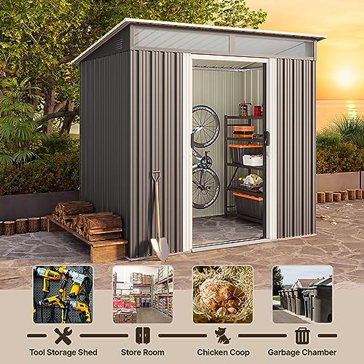 Gizoon 6'x4' Outdoor Storage Shed Metal Garden Shed with Sliding Lockable Doors, Versatile Tool Bike Shed with Transparent Panel Windows, Outdoor Storage Clearance for Backyard, Patio, Dark Gray