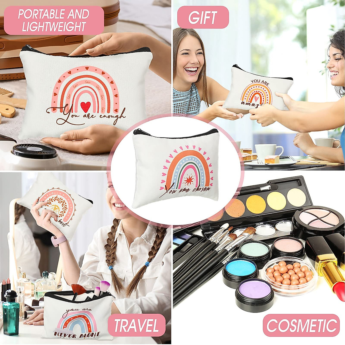 16 Pieces Rainbow Canvas Cosmetic Bag Bulk Inspirational Quotes Makeup Bags with Zipper Encouragement Travel Toiletry Pouch Appreciation Gift for Christmas Women Girls Teacher Birthday Graduation Gift