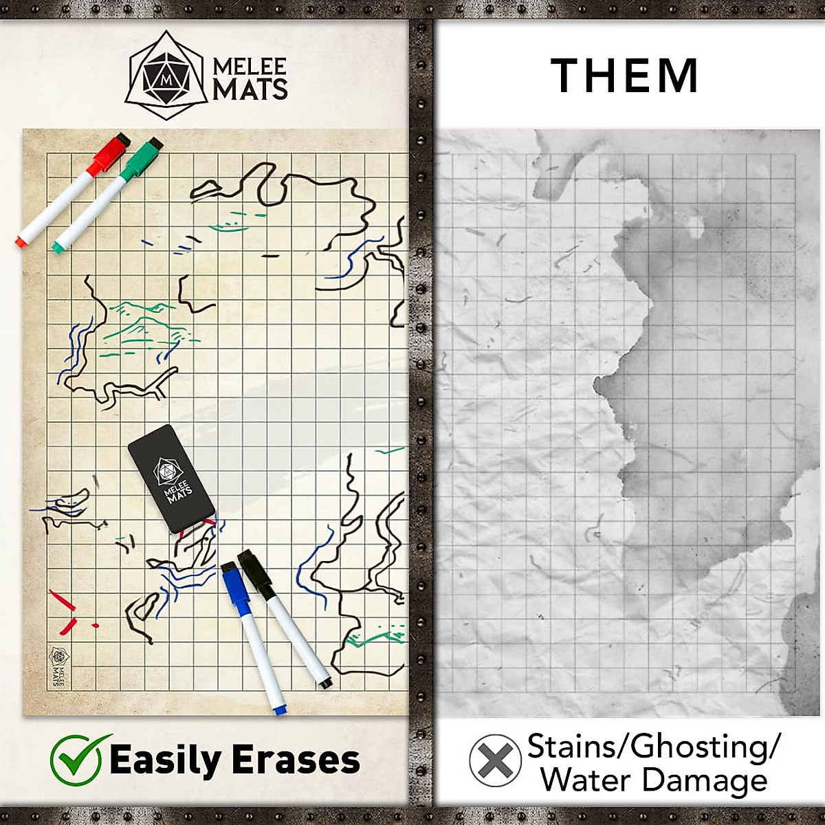 Melee Mats DND Map Starter Kit for Dungeons & Dragons Game - 24” x 36" 3 Pack Double Sided, Wet/Dry Erase Battle Terrain Grid - Ultimate Tabletop Board Gaming Experience with Accessories