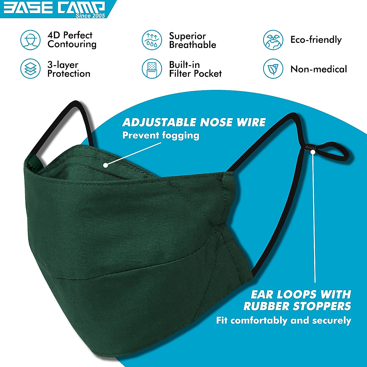 BASE CAMP Reusable Cloth Dust Face Masks 100% Cotton Washable Adjustable Breathable Fabric Mask with Filter Pocket (1Black+1Green-L)