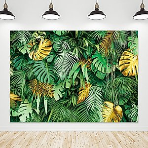 Riyidecor Jungle Green Tropical Palm Leaves Backdrop Polyester Fabric Golden Leaf Plants Safari Nature Summer Hawaiian 7Wx5H Feet Photography Background for Birthday Baby Shower Photo Studio Shoot