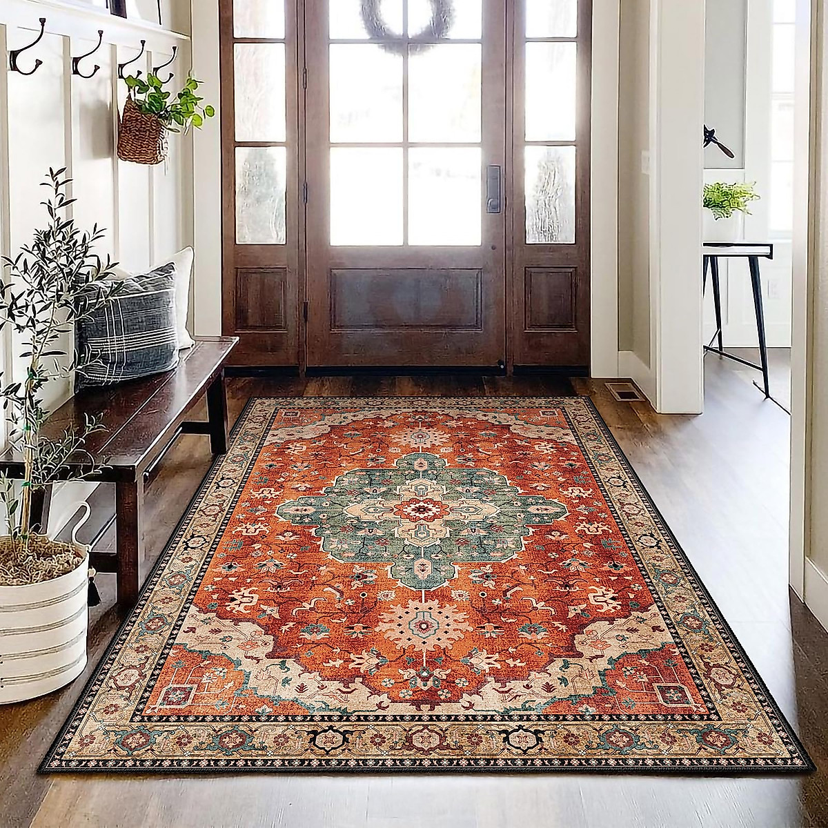 Castage Boho Rug 3x5,Washable Area Rugs for Bedroom Living Room Kitchen Entryway,Small Vintage Bohemian Distressed Non Slip Oriental Tribal Carpet,Retro Rust