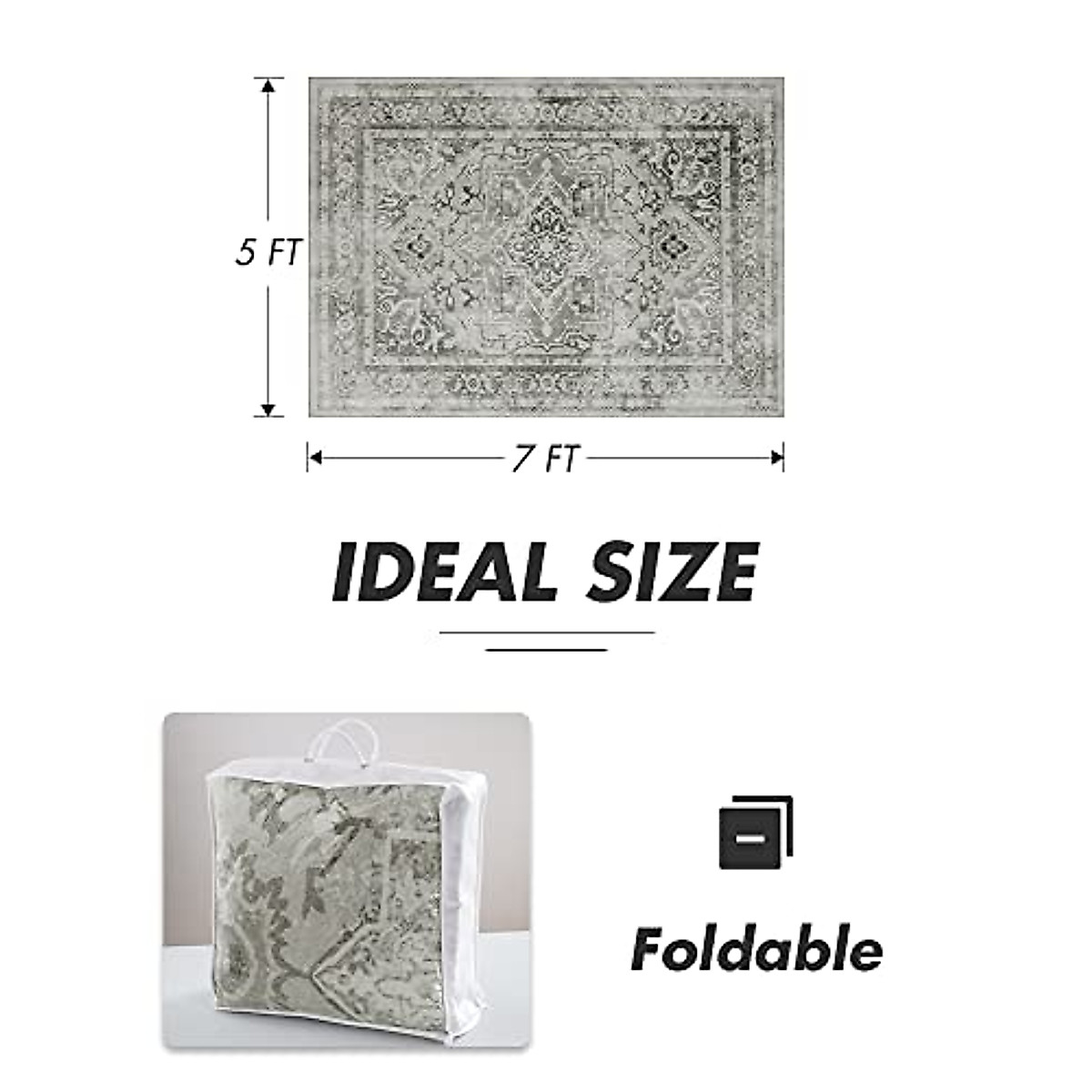 Rugs for Living Room 5x7 feet-Area Rug Carpet-Distressed Vintage Medallion Bedroom Rug Dining Living Room Rug-Aesthetic Machine Washable Rug TP Backing-Grey