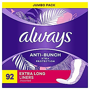 Always Anti-Bunch Xtra Protection, Panty Liners For Women, Light Absorbency, Extra Long Length, Leakguard + Rapiddry, Unsented, 92 Count
