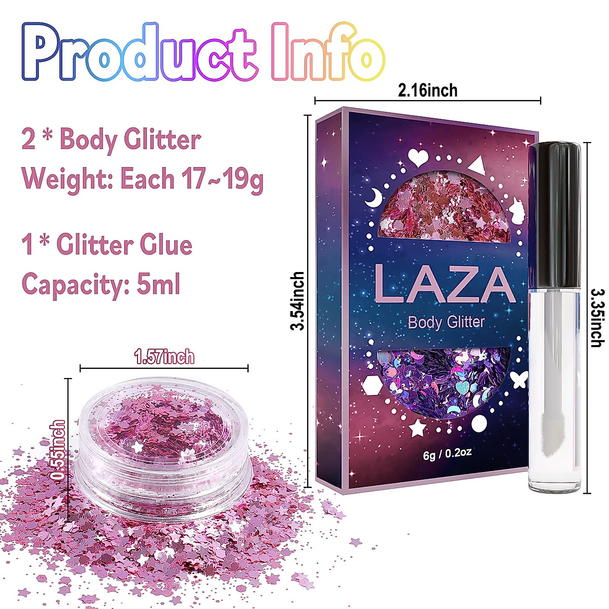 Laza Body Glitter, 2 Jars Holographic Chunky Sequins with Glitter Glue Perfect for Women Eyeshadow Makeup Face Paint Festival Rave Outfits Hair Accessories Carnival Party Costumes - Laser Galaxy