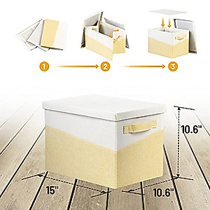Fabric Storage Box with Lids [3 Pack] Foldable Closet Shelf Organizer Linen Decorative Bins with Cover Handles Collapsible Baskets Containers for Home Closet Clothes Nursery Toy (15x10x10 inch, 27L, Yellow)