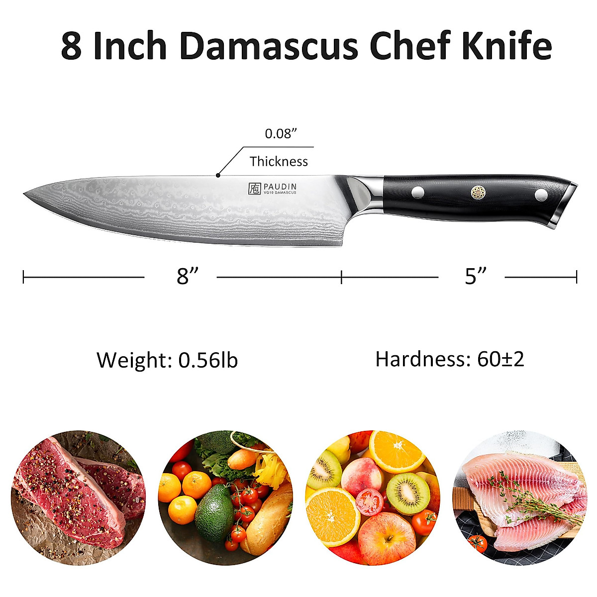 PAUDIN Damascus Chef Knife, 8 Inch Kitchen Knife, 67 Layers Damascus Steel Knife Japanese VG10 Core, Professional Chefs Knife with Ergonomic G10 Handle