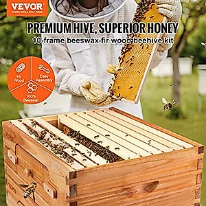 VEVOR Bee Hive, 10 Frame Complete Beehive Kit, Dipped in 100% Natural Beeswax Includes 2 Deep Brood & 2 Medium Honey Super Boxes with Waxed Foundations, for Beginners & Pro Beekeepers, 4 Layer