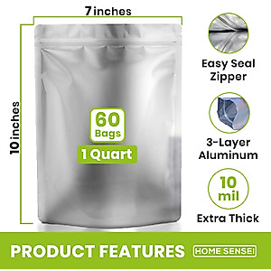 60pcs 1 Quart Mylar Bags for Food Storage - ExtraThick 10 Mil - Smell Proof Mylar bags 1 Quart - Stand-Up Zipper Pouches 7" x 10" - Small Mylar Bags for Food Storage - Heat Sealable