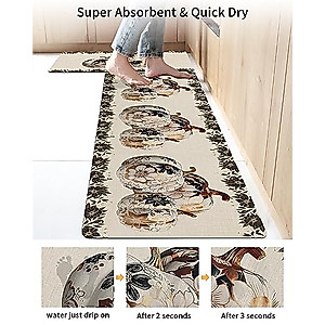 Farmhouse Thanksgiving Bath Mat for Tub,Non Slip Bathroom Floor Runner Rug Quick Dry & Absorbent Diatomaceous Earth Shower Sink Kitchen Washable Doormat,European Pumpkins Gold Floral Leaf 16x24+16x47