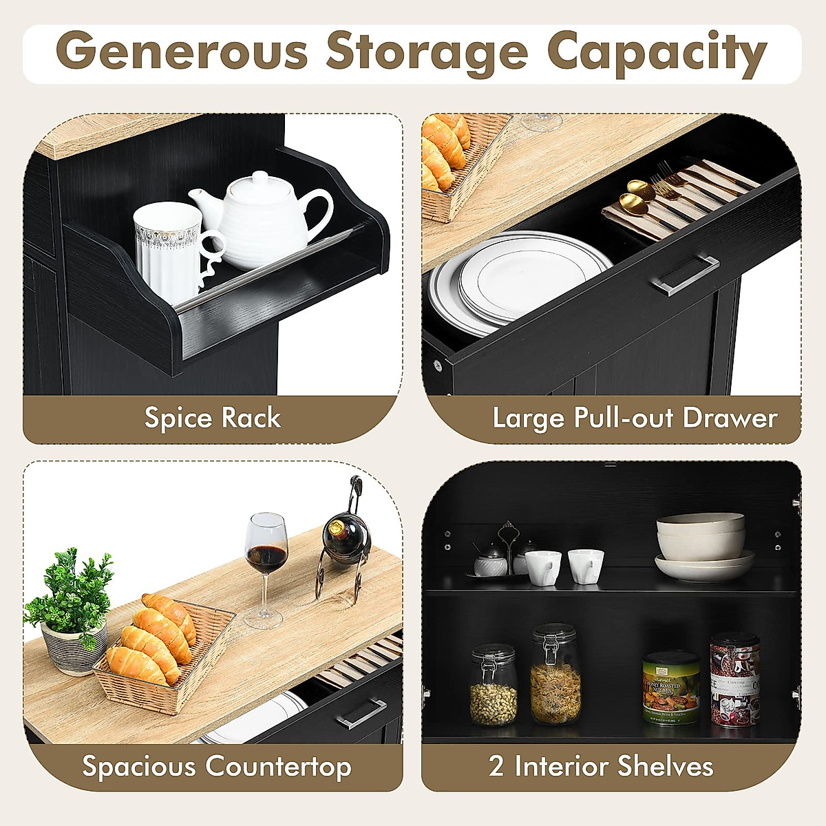 COSTWAY Kitchen Island Cart, Rolling Storage Trolley Cart with Lockable Rubber Wheels, Large Cabinet, Drawer, Spice Rack and Towel Rack, Kitchen Serving Utility, 3-Position Adjustable Shelf (Black)