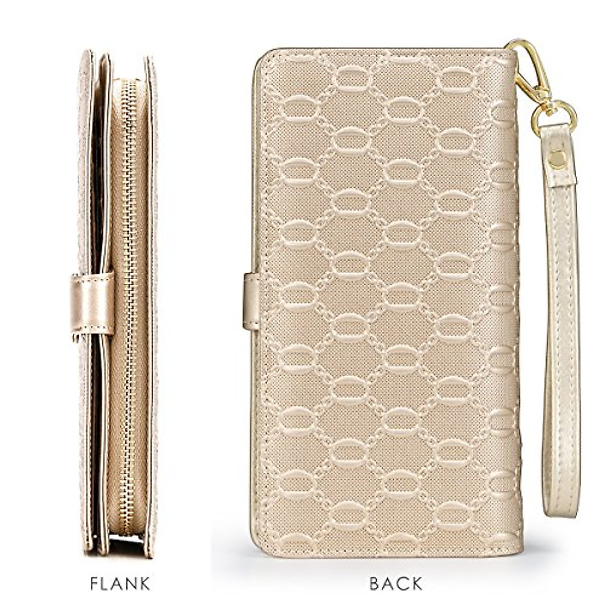 FOXER Leather Wallets for Women, Leather Gift Box Packing Chain Pattern Ladies Clutch Purses with Wristband Women's Trifold Long Wallets Womens Zip Around Wallets Credit Card Holders (Gold)