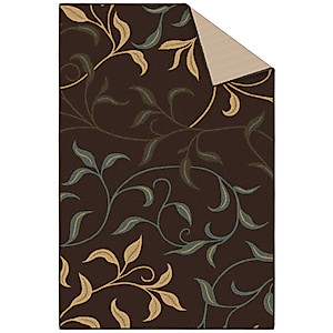 Machine Washable Leaves Design Non-Slip Rubberback 3x5 Traditional Area Rug for Living Room, Bedroom, Kitchen, 3'3" x 5', Brown