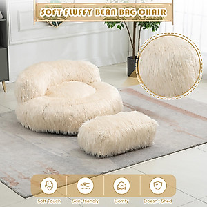 Fluffy Bean Bag Chair with Ottoman, Comfy Bean Bag for Adults and Kids, Ultra Soft Lazy Sofa Chair with Memory Sponge, Indoor Modern Accent Beanbag Chairs for Living Room, Bedroom, Apartment, Beige