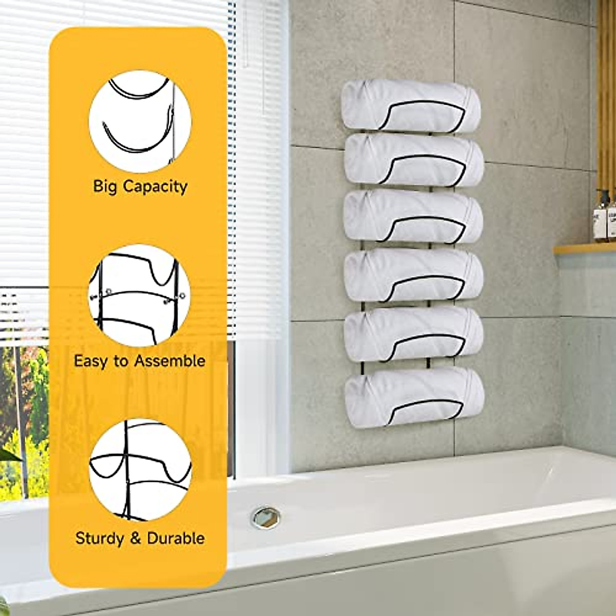 Towel Rack,Towel Holder for Bathroom Wall, Wall Towel Rack for Rolled Towels Wall Mounted Storage Organizer for Towels,Robes,Wine, Yoga Mat(Black)