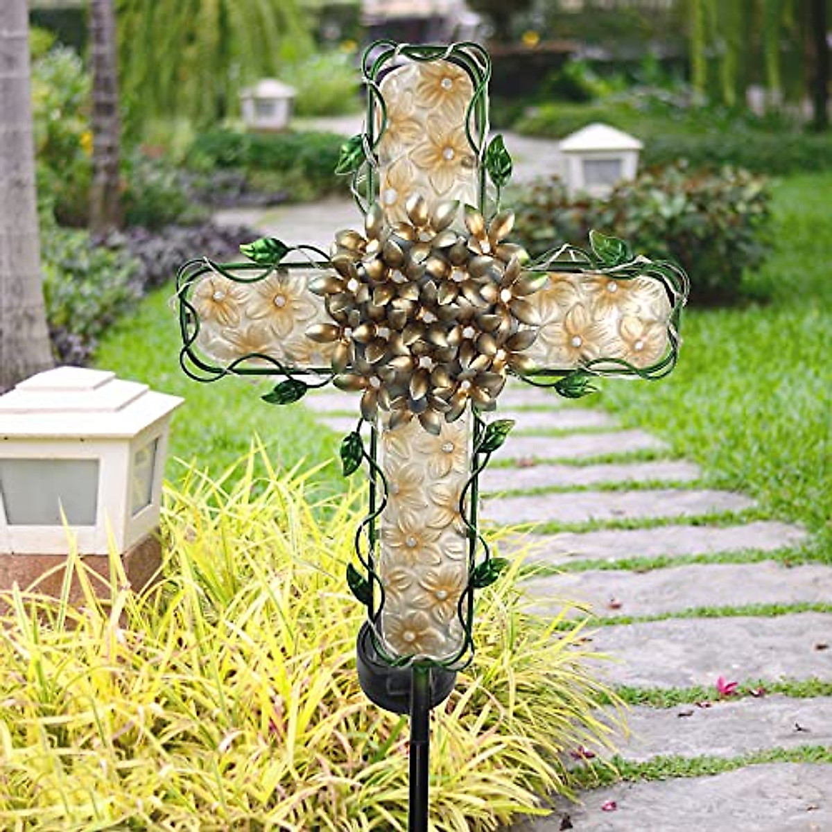 JOYBee 38Inch Cross Solar Garden Lights Outdoor Decorative-Solar Metal&Glass Cross Apricot Hydrangea Flower Stake Lights- Waterproof 20 Warm White LEDs for Remembrance Gifts & Sympathy Gifts.