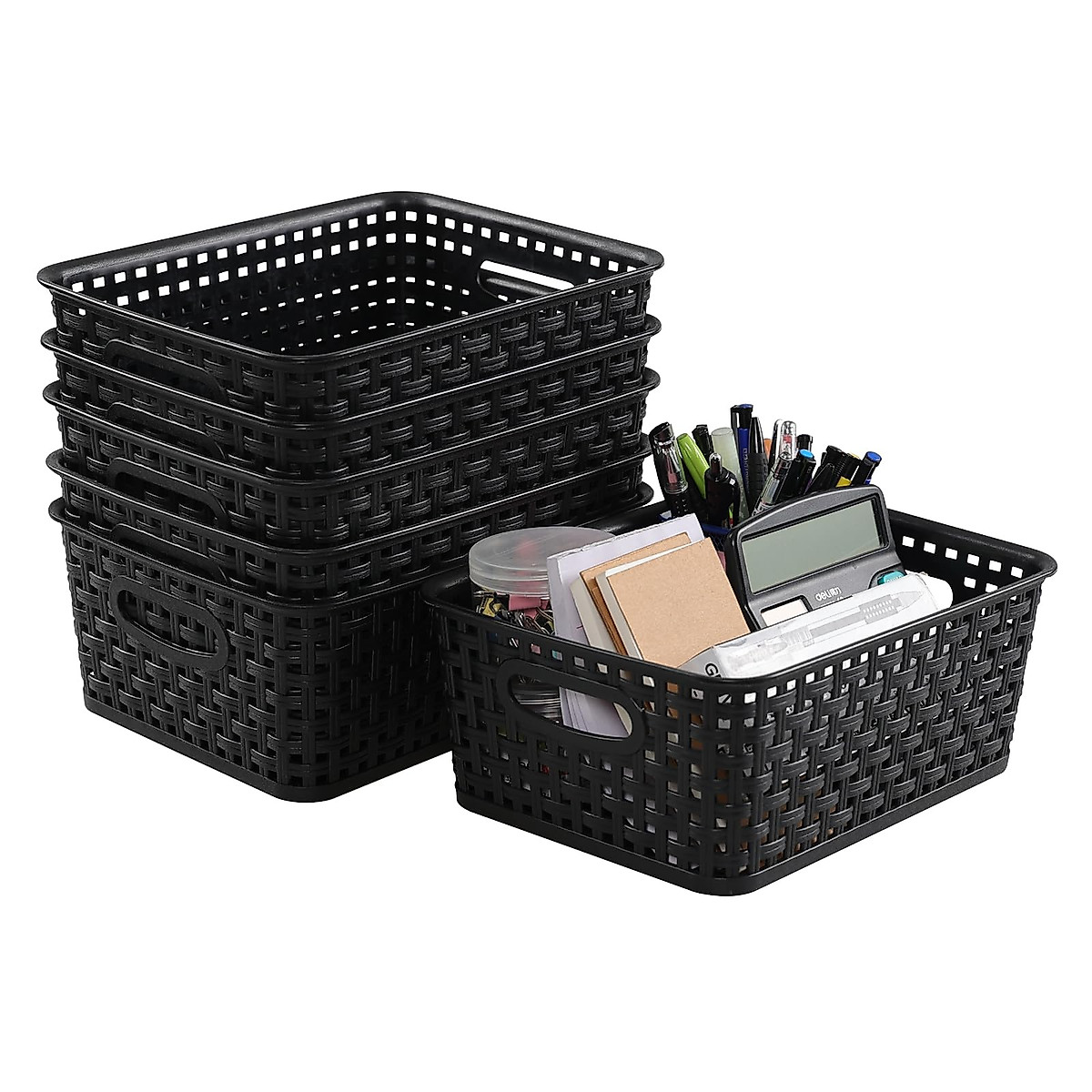 Sandmovie Black Plastic Rattan Storage Baskets, 6 Packs