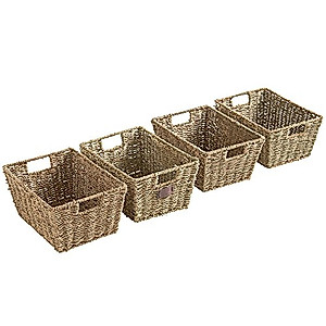VonHaus Set of 4 Seagrass Storage Baskets with Insert Handles Ideal for Home and Bathroom Organization - 12(L) x 9(W) x 6(H) inches