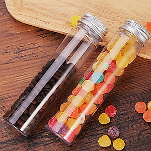 WOPPLXY 50 Pcs 65 ml Clear Flat Plastic Test Tubes with Screw Caps, Plastic Candy Tubes with Screw Caps, Bath Salts Test Tubes, Gumball Tubes for Candy,Bath Salts,Spices,Beads Display and Party Decor