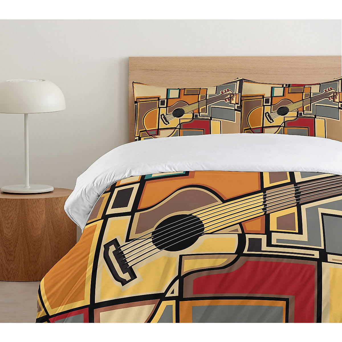 Ambesonne Music Duvet Cover Set, Funky Fractal Geometric Square Shaped Background Acoustic Guitar Art, Decorative 3 Piece Bedding Set with 2 Pillow Shams, King Size, Pale Yellow