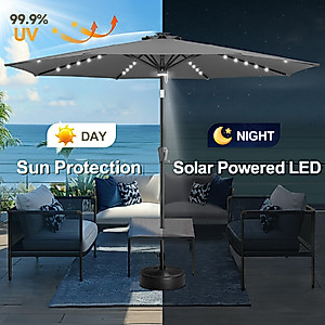 FLAME&SHADE 11 ft Solar Powered Outdoor Market Patio Table Umbrella with LED Lights and Tilt, Anthracite